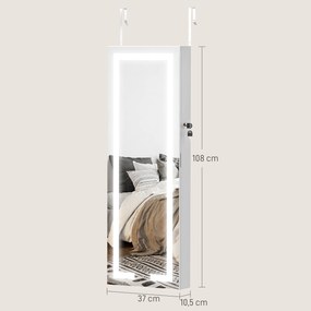 HOMCOM šperkovnice s LED, zamykatelný organizér na stěnu / dveře se zrcadlem, 37 x 10,5 x 108 cm, bílá