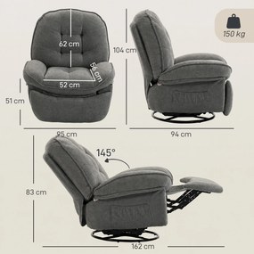 HOMCOM relaxační polohovací křeslo s otáčením 360° a houpáním, manuální chenille, široké sedadlo, vysoké opěradlo, opěrka nohou a boční kapsy, světle…