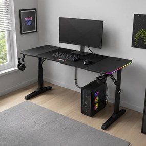 Výškově nastavitelný herní stůl ERACER H1214 — 140x60 cm, kov, melamin, černá, RGB podsvícení