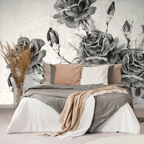 Samolepící tapeta černobílá vintage kytice růží - 450x300 cm