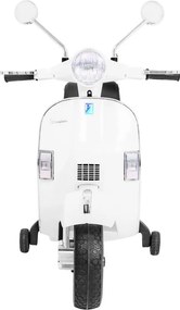 Ramiz Elektrický skútr Vespa pro děti bílý + pomocná kolečka + audio + ekokůže + EVA + plynulý start