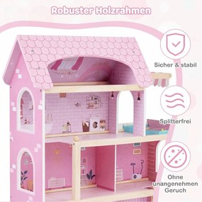 Costway Dětský dřevěný domeček pro panenky s 33 kusy nábytku Domeček na hraní