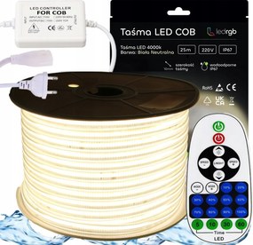 Set Led pásek Cob 230V 25 m 4000K Bílý Neutrální Stmívač Dálkový Ovladač Ir