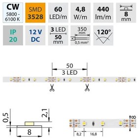 LED pásek McLED 12V studená bílá š=8mm IP20 4,8W/m 60LED/m SMD3528 ML-121.206.60.2