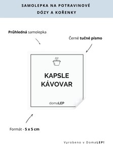 KAPSLE KÁVOVAR – průhledná samolepka na dózu, tučné písmo, 5 × 5 cm | DomaLEP