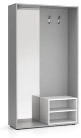 PLAN Šatní stěna s botníkem a zrcadlem, 2 háčky, šedá/bílá