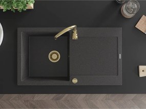 Mexen Leo, dřez granitový 900x500x190 mm, 1-komorový, černá skvrnitá se zlatým sifonem, 6501901010-76-G