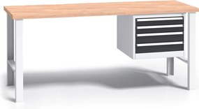 Pracovní stůl do dílny G3 se závěsným boxem na nářadí, buková spárovka, 4 zásuvky, pevné kovové nohy, 1700 mm, grafit