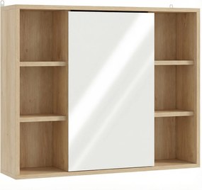HOMCOM Závěsná zrcadlová skříňka do koupelny — 6 otevřených polic a zrcadlové dveře, přírodní dřevo, 60 × 14,5 × 49,4 cm (23,6 × 5,7 × 19,4 in)