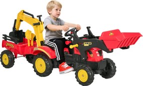 HOMCOM Šlapací traktor s přívěsem a čelním nakladačem, šlapací bagr pro děti od 3 let, červený, 179 x 42 x 59 cm, ideální pro zábavu a hry | Aosom.de