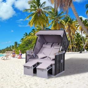 Outsunny plážové lehátko s plným sklápěním dvojité lehátko se střechou zahradní lehátko držák na kelímek lehátko PE ratan šedé 118 x 79 x 50 cm | Aos…