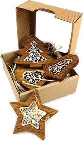 AMADEA Vánoční set 4 druhů dřevěných ozdob z masivu s vkladem - ornament + krabička