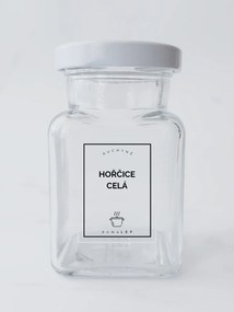 Samolepka na kořenky HOŘČICE CELÁ průhledná 3 × 4 cm tučné písmo
