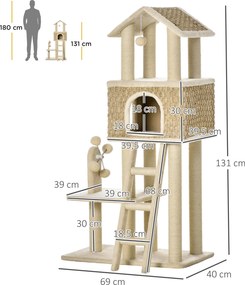 PawHut škrabadlo velký kočičí strom 130 cm, s jeskyní pro kočky a míčky na hraní, jutové kmeny, khaki+béžová, dřevotřískový plyš| Aosom