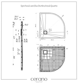 Cerano Quarto, čtvrtkruhová sprchová vanička 90x90x3 cm z minerálního kompozitu, černá matná, CER-CER-414758