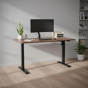 Výškově nastavitelný stůl OfficeTech A, 140 x 80 cm, černá podnož, ořech