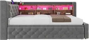 Aosom Rám postele, vysouvací sametová pohovka 90x190 cm, s úložným prostorem, LED světlem, USB a Typ-C, 211 × (91~181) × 84 cm, tmavě šedá