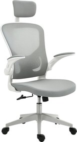 Ergonomická kancelářská židle Vinsetto s funkcí houpání, vysokým opěradlem, bederní oporou, opěrkou hlavy a skládacími područkami, šedá 65 x 64 x 114-