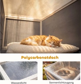 PawHut venkovní dřevěný výběh pro kočky se 3 plošinami, odolná střecha, okno a síť pro 3–4 kočky (do 10 kg), šedý – vnitřní i venkovní