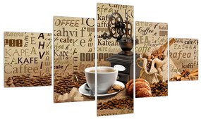 Obraz kávy, mlýnku a croissantů (125x70 cm)
