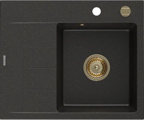 Mexen Ben, 1-komorový granitový dřez 600x500x190 mm, pravý + zlatý sifon, černá-zlatá metalíza, 6523605000-75-G