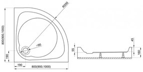 Polimat Kompaktní čtvrtkruhová akrylátová sprchová vanička New Style 1 80x80 (90x90, 100x100) Barva: Bílá, Rozměry (cm): 80x80