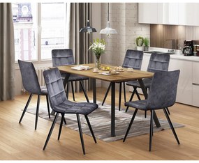 Jídelní stůl BERGEN dub + 6 židlí BERGEN šedý samet