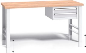 Výškově nastavitelný pracovní stůl do dílny G3 se závěsným boxem na nářadí, buková spárovka, 2 zásuvky, 1500 x 685 x 840 - 1050 mm, šedá