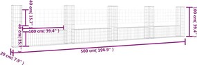 Gabionový koš ve tvaru U s 5 sloupky železo 500 x 20 x 100 cm 151278