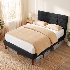 HOMCOM rám postele 140 x 200 cm s lamelovým roštem, polstrovaná manželská postel v lněném vzhledu, úložný prostor pod postelí, tišší, černý