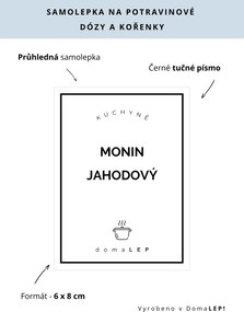 Samolepka na láhev MONIN JAHODOVÝ 6 x 8 cm – průhledná vinylová, voděodolná, omyvatelná samolepka na dózy, tučné písmo