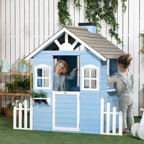 Dětský dřevěný domeček Outsunny pro venkovní hraní pro děti 3-7 let s dveřmi, okny, truhlíky a bočními ploty 151x112,5x142 cm Modrá