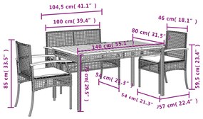 4Dílný Zahradní Jídelní Set S Poduškami Šedá Polyratan - lavice / 6 / 140 cm dlouhý stůl