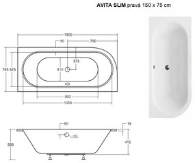 BESCO Asymetrická vana AVITA SLIM Nožičky k vaně - Bez nožiček, Rozměr vany - 180 × 80 cm, Způsob provedení - Levé VANAVIT180SLIML