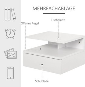 HOMCOM Sada 2 Floating Nočních Stolků - Zavěšené Noční Stolky s 1 Zásuvkou a Otevřenou Policí pro Ložnici 35x32x22,5 cm Bílá