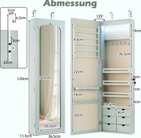 Costway Šperkovnice s LED Uzamykatelná nástěnná/dveřní šperkovnice se zrcadlem