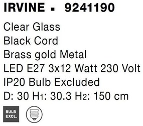 Nova Luce Závěsné svítidlo IRVINE čiré sklo černý kabel mosazný zlatý kov E27 3x12W
