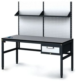 Alfa 3 Antistatický dílenský ESD stůl s perfopanelem a policemi, 1 zásuvkový box na nářadí, 1600x800x745-985 mm