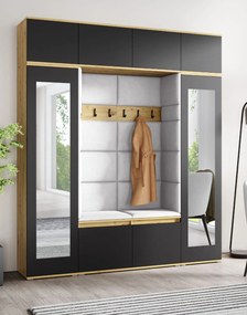 Sestava nábytku do předsíně Emi 32 se zrcadly a čalouněnými panely – barva dub artisan/černá
