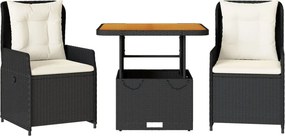 3dílný bistro set s poduškami černý polyratan 3262765