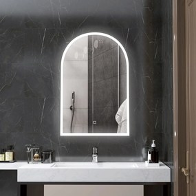 HOMCOM LED koupelnové zrcadlo 90 x 60 cm, nástěnné, 3 barvy, obloukový tvar, hliníkový rám, proti zamlžení a dotykový spínač