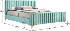 Čalouněná postel KAISA 160x200, mentolová Velvet / zlatý chrom Kondela 0000276371