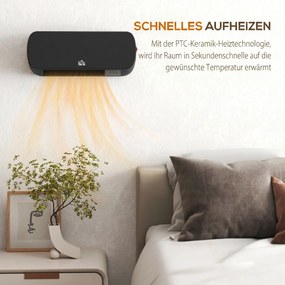 HOMCOM Topný ventilátor na stěnu 2000W s dálkovým ovládáním, 2 topné režimy, LED displej, 12hodinový časovač pro koupelnu 820-254V90BK