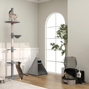 PawHut škrabadlo stropní vysoké šedé 40x34x230-260cm, výškově nastavitelný strom pro kočky se sisalovými sloupky pro šplhání a škrábání