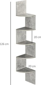 HOMCOM Stěnná rohová polička v zigzag designu 20Š x 20H x 126V cm, 5 úrovní, dřevo, šedá