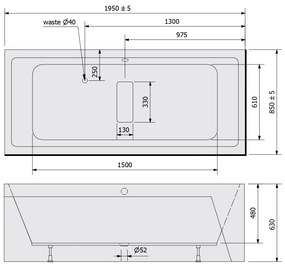 Polysan MARLENE L MONOLITH obdélníková vana 195x85x63cm, bílá, 78731ML