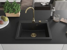 Mexen Elix, 1-komorový granitový dřez 600 x 500 mm, černá/stříbrná metalíza, zlatý sifon - 6525601005-73-G