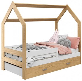 Dětská postel Domek 80x160 cm D3, rošt ZDARMA - borovice, zábrana: bílá, úlož. prost: borovice, matrace: bez matrace