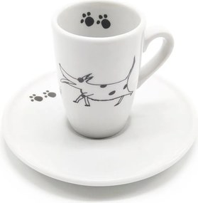 Porcelánový espresso šálek Běžící pes s podšálkem, 130 ml – ručně kreslená perokresba