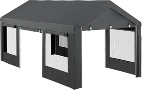 Outsunny Carport, přibližně 6 x 3 m party stan, nastavitelná výška garáže pro auto, přístřešek s 4 síťovanými okny a 4 dveřmi, pro auto a dodávku, oce